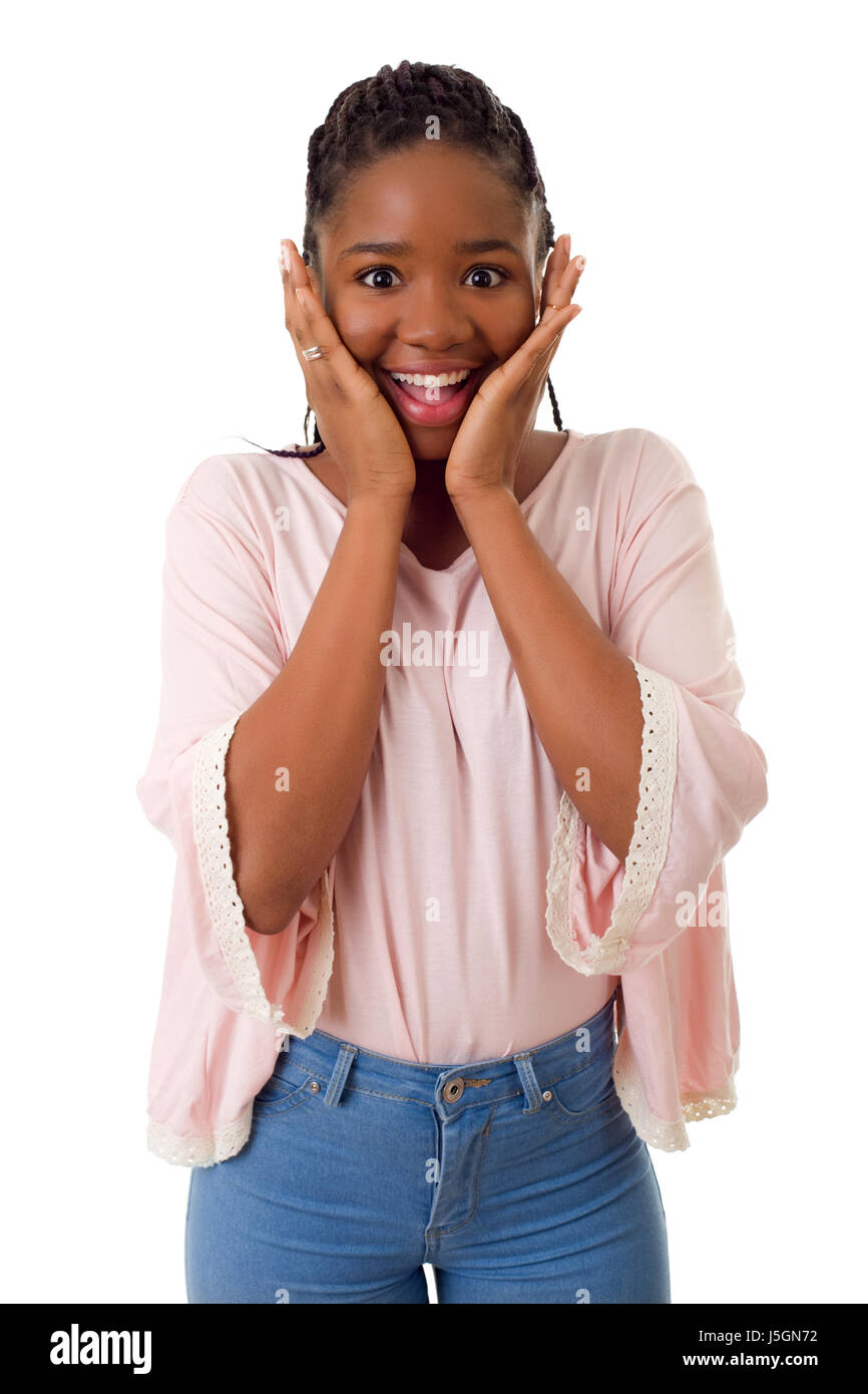 surprised african girl isolated on white background Stock Photo - Alamy