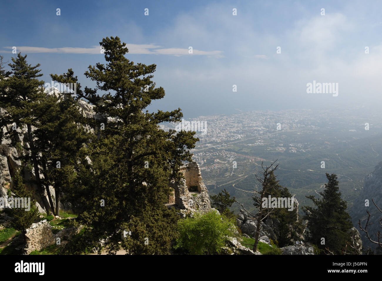 View to the south from St.Hilarion Castle with Kyrenia city and ...