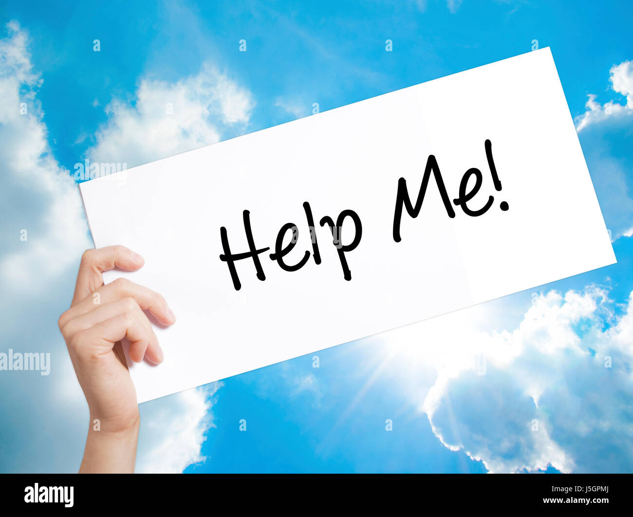 Help Me! Sign on white paper. Man Hand Holding Paper with text ...