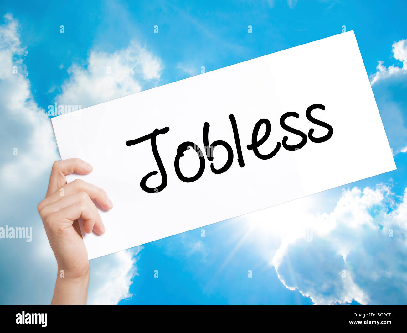 Jobless Sign on white paper. Man Hand Holding Paper with text. Isolated ...