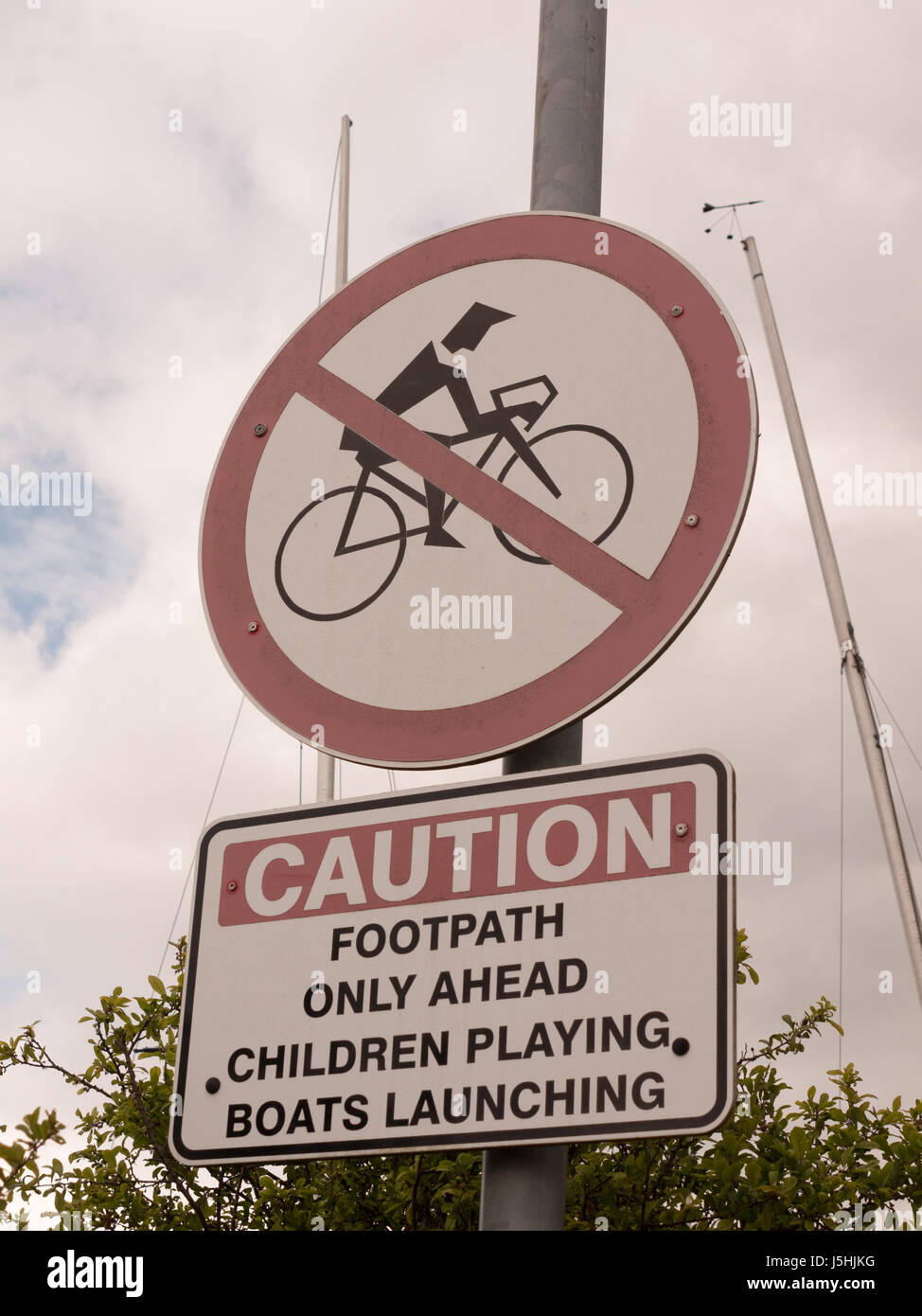 sign outside caution no biking red circle crossed footpath only ahead ...