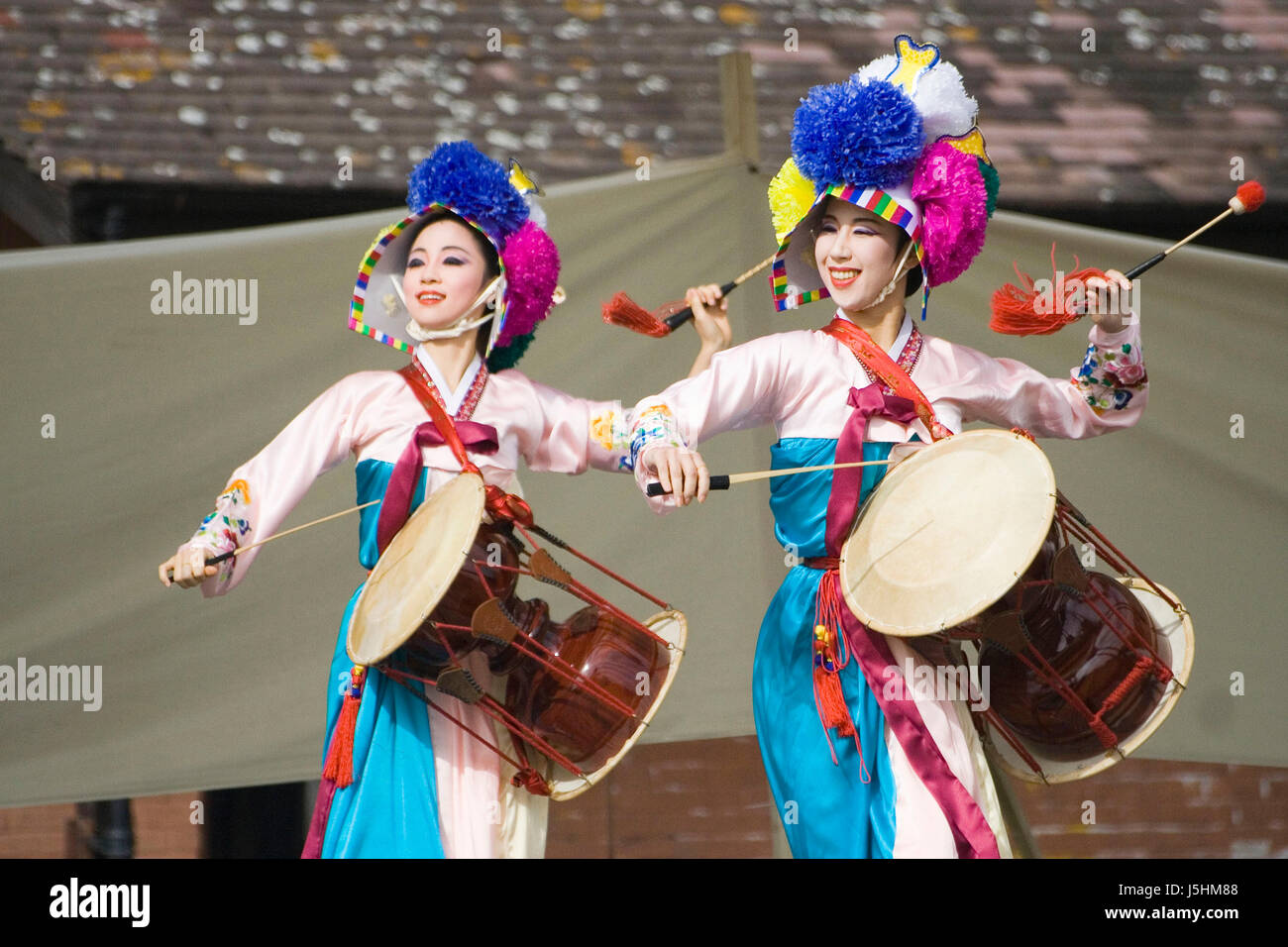 London, UK - August 15, 2009: Korean ethnic dancers perform, Jangguchum ...