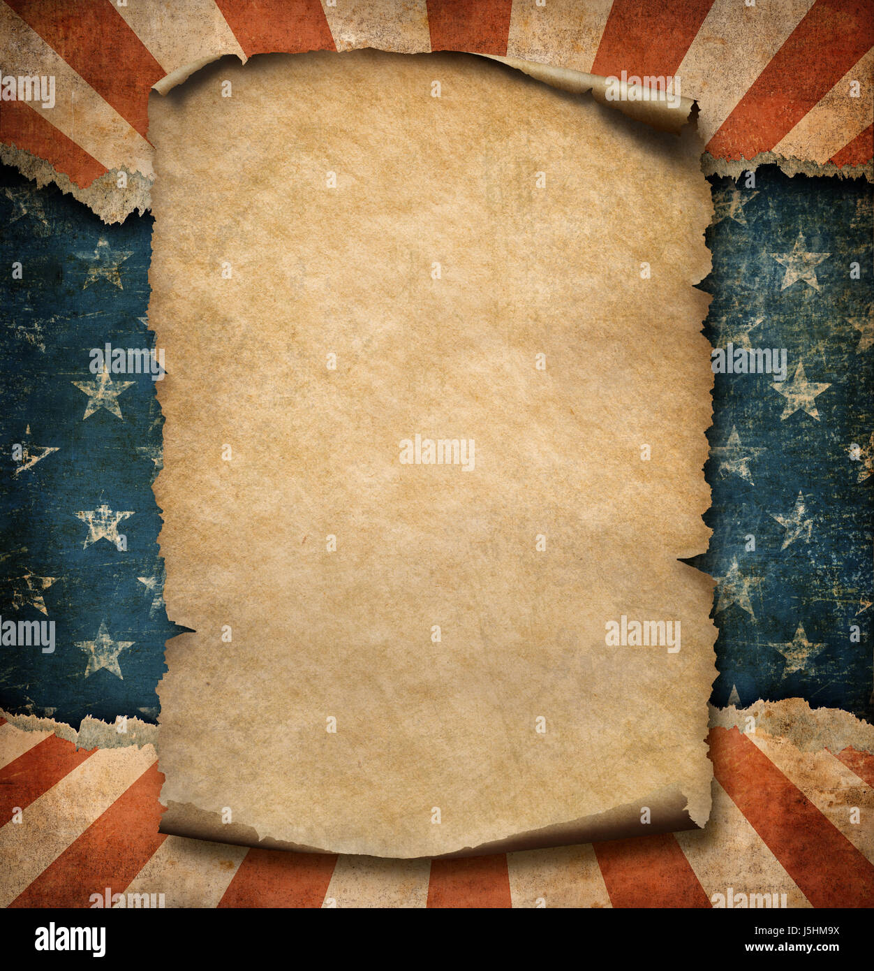 Grunge blank paper parchment or declaration over USA flag independence ...