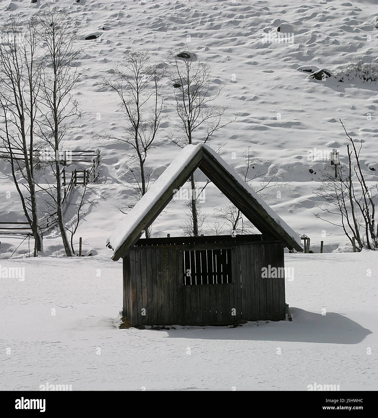 winter cold alp farmer windy airy dugout empty lodge hut heuhtte Stock ...