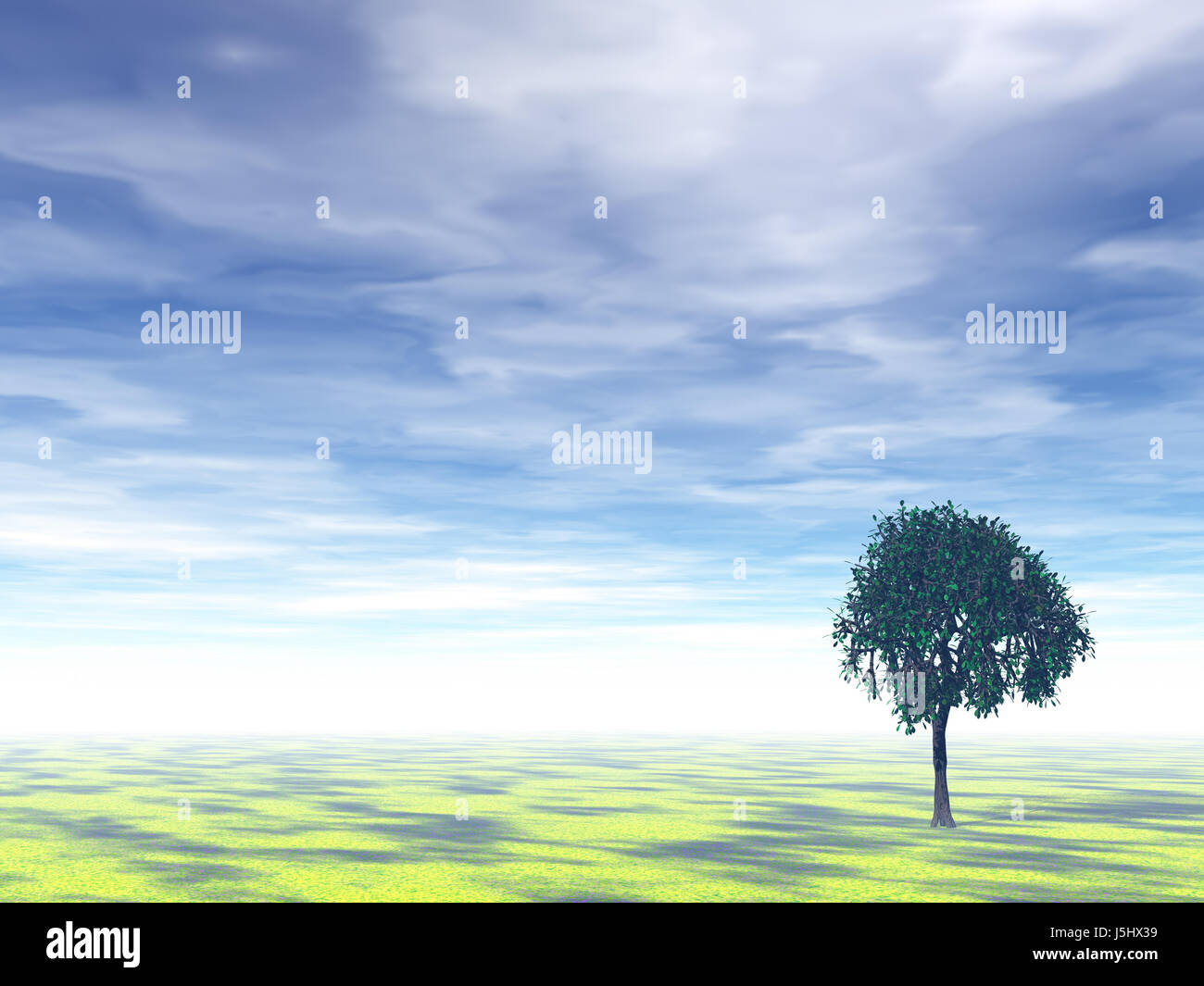 blue tree green field painting illustration peaceful solitude landscape ...