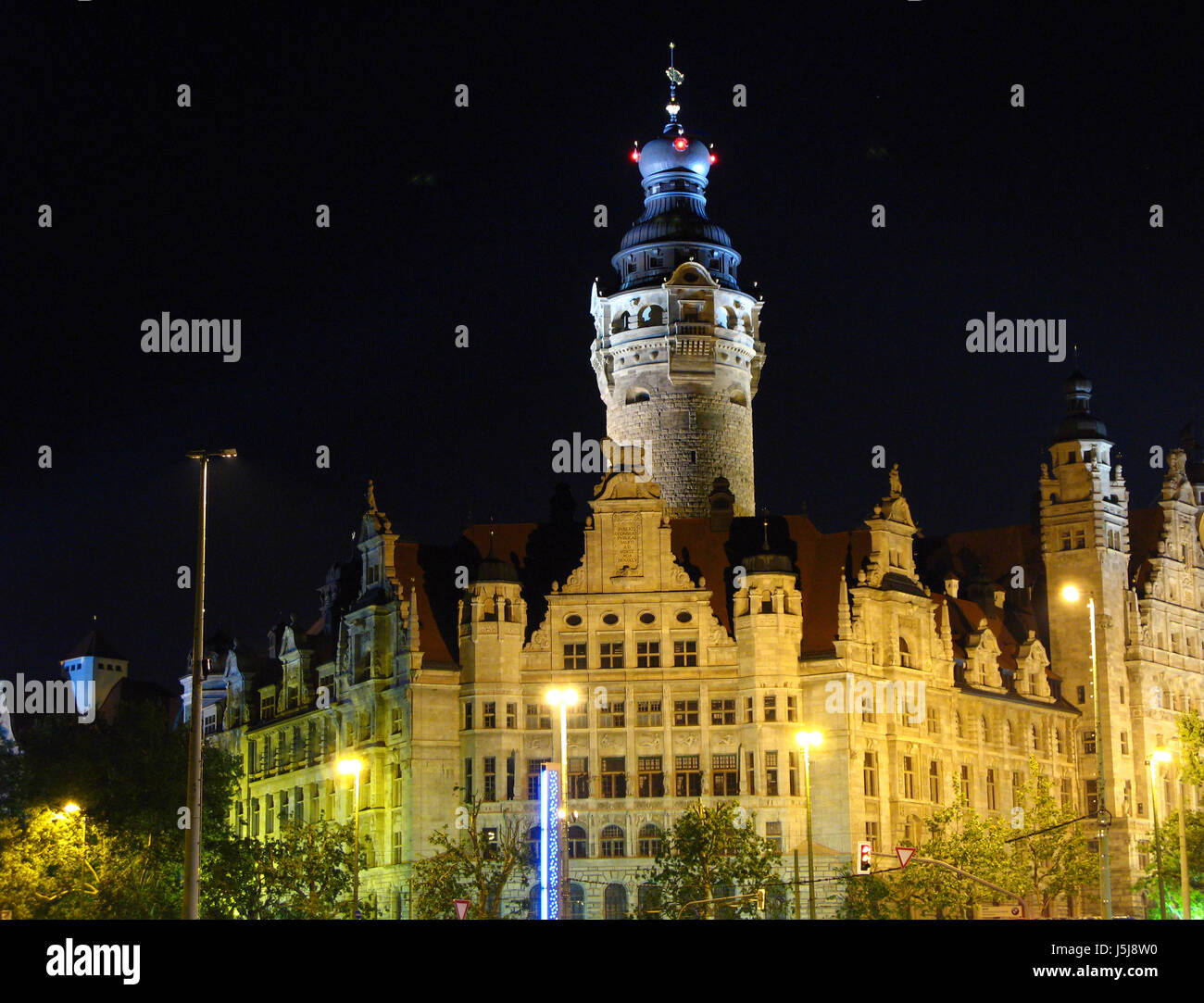 historical night nighttime illuminated saxony Leipzig city wall mayor ...