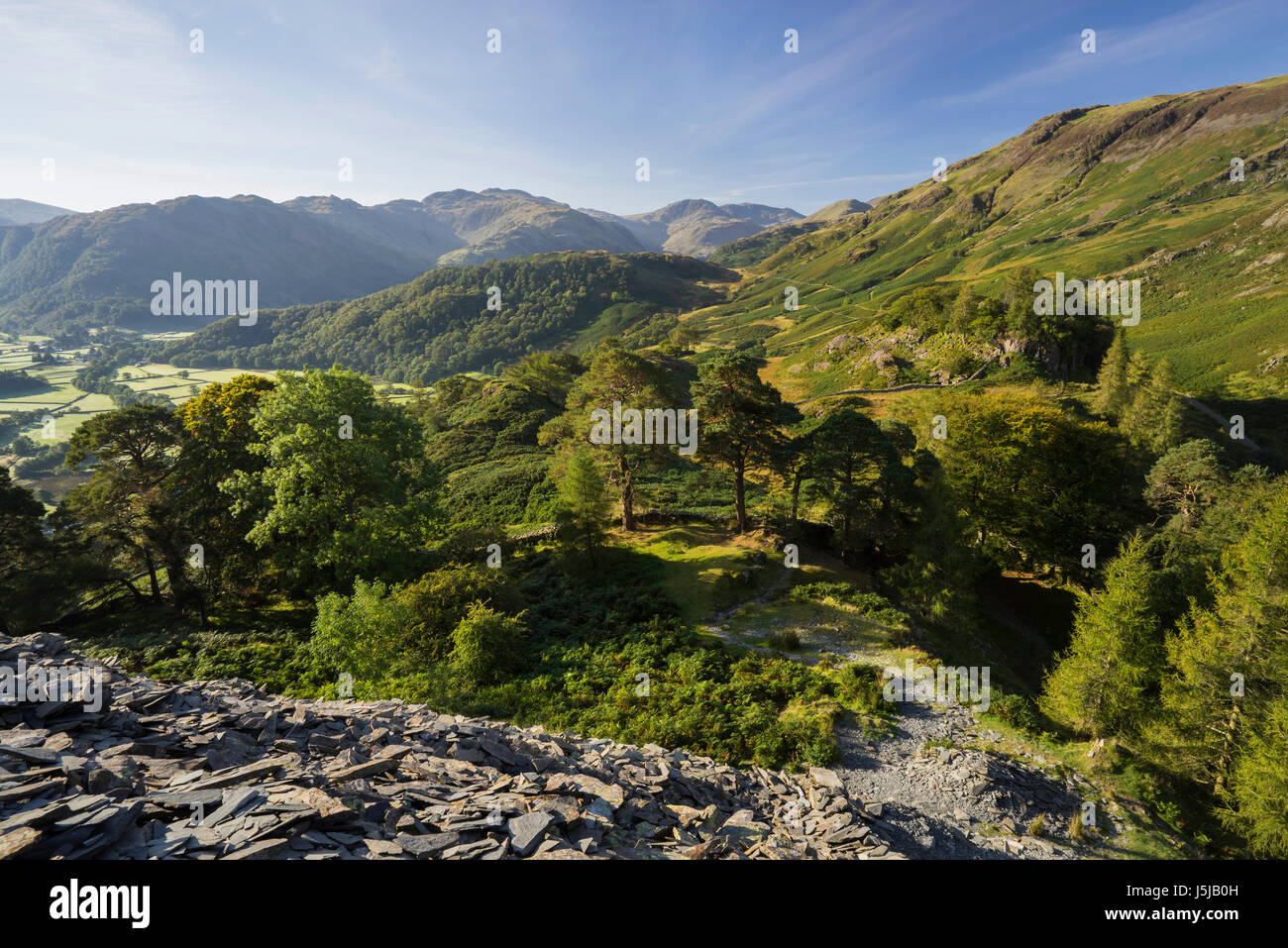 View from Castle Crag over old slate workings to the lower Borrowdale ...