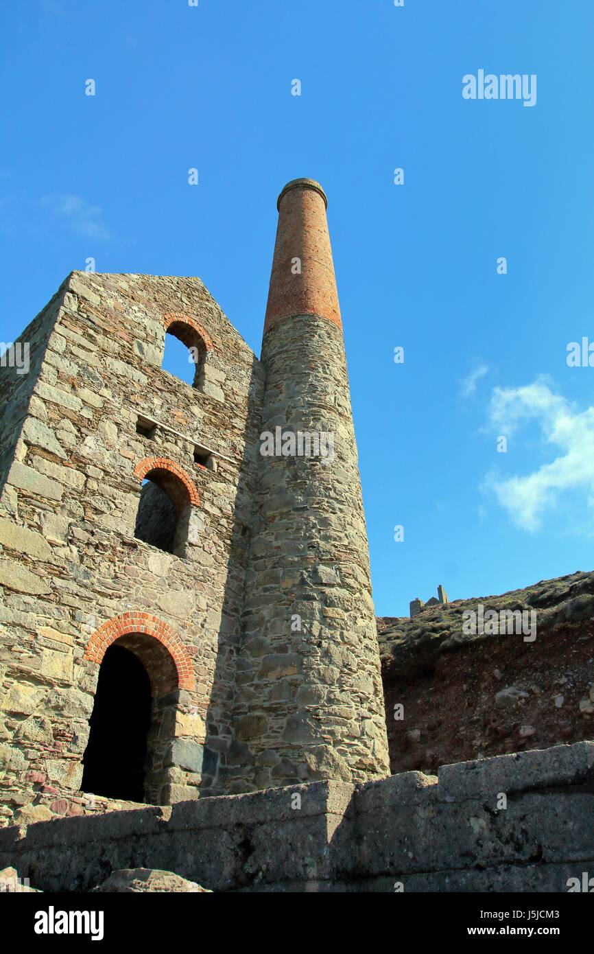 Derelict engine house with chimney stack, formerly part of a Cornish ...