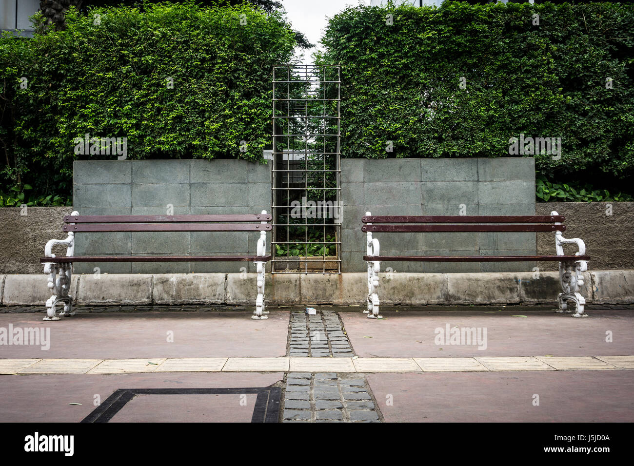 two bench on the sidewalk with green tree Stock Photo - Alamy