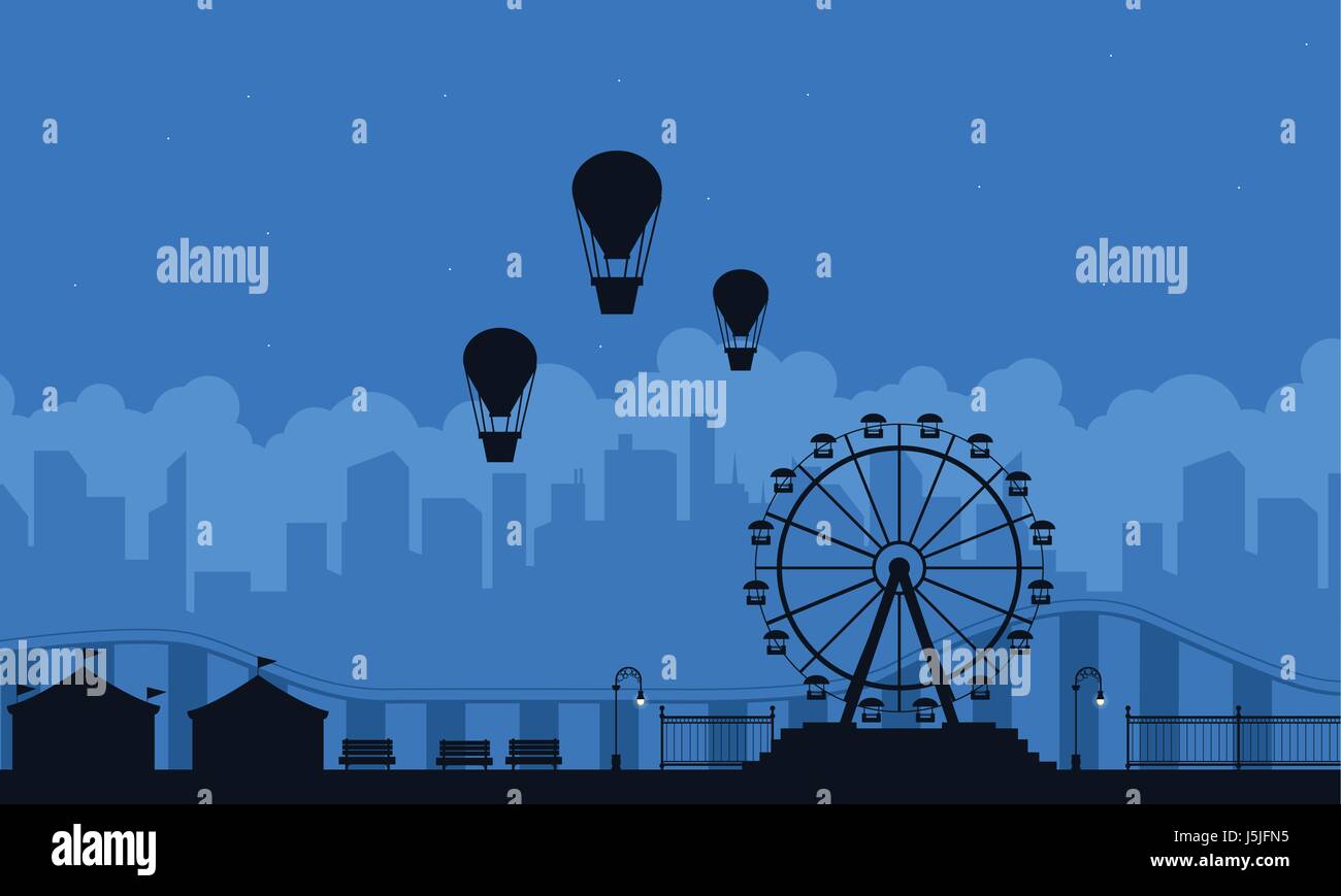 Amusement park scnery on blue background silhouette Stock Vector Image ...