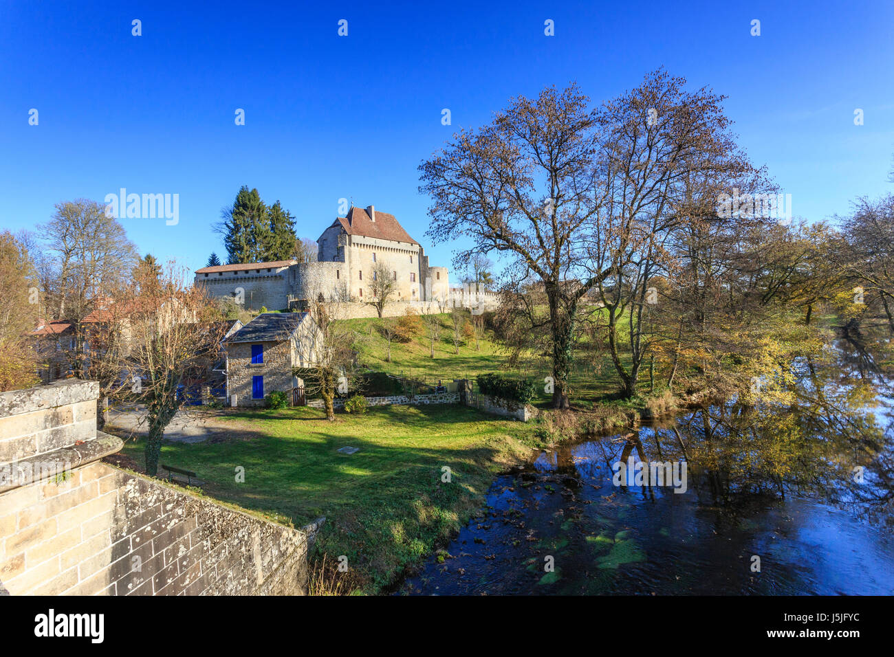 France, Creuse, Pontarion, the castle along the Thaurion Stock Photo ...