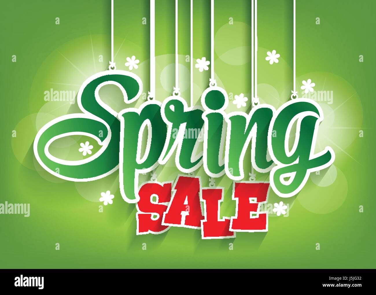 Spring Sale Word Hanging on Leaves with Strings. Vector Illustration ...