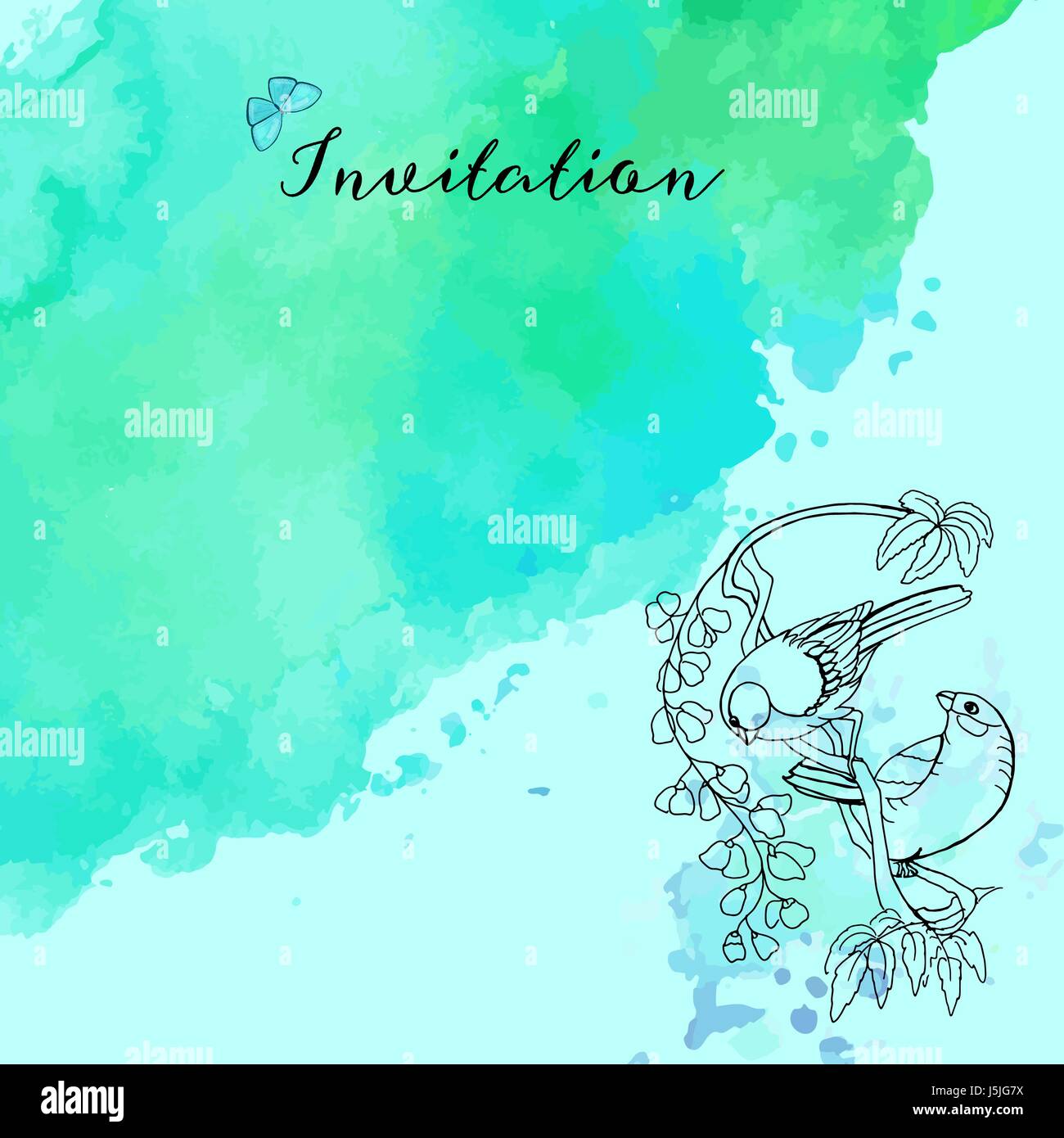 Vector invitation template with birds, butterfly, and copyspace Stock ...