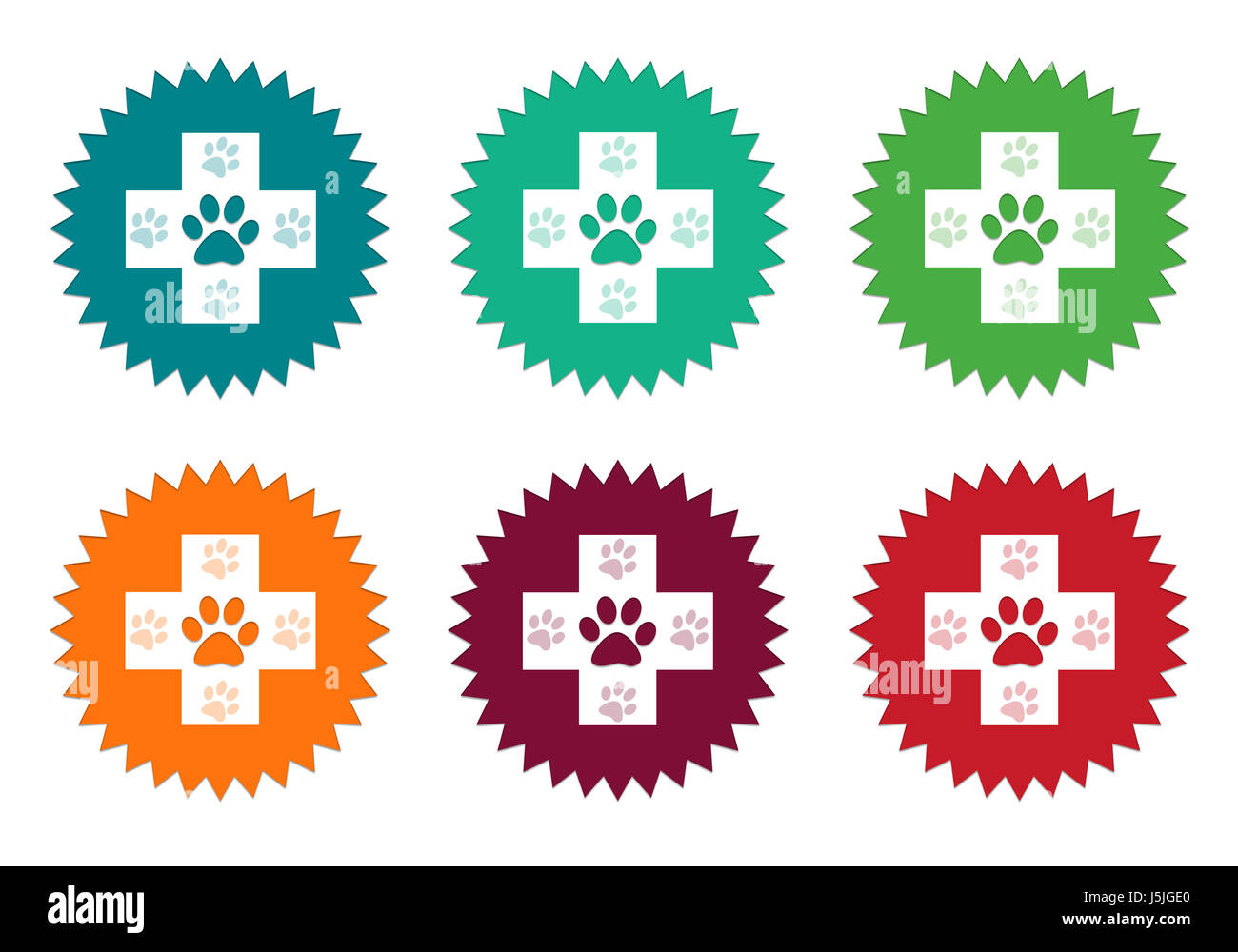 Set of colorful stickers icons with veterinary symbol in blue, green ...