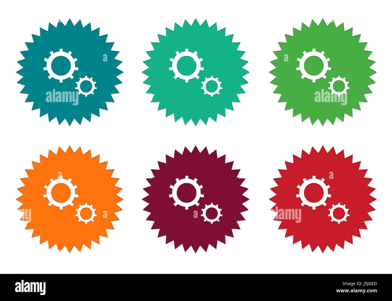 Set of colorful stickers icons with gears symbol in blue, green, orange ...