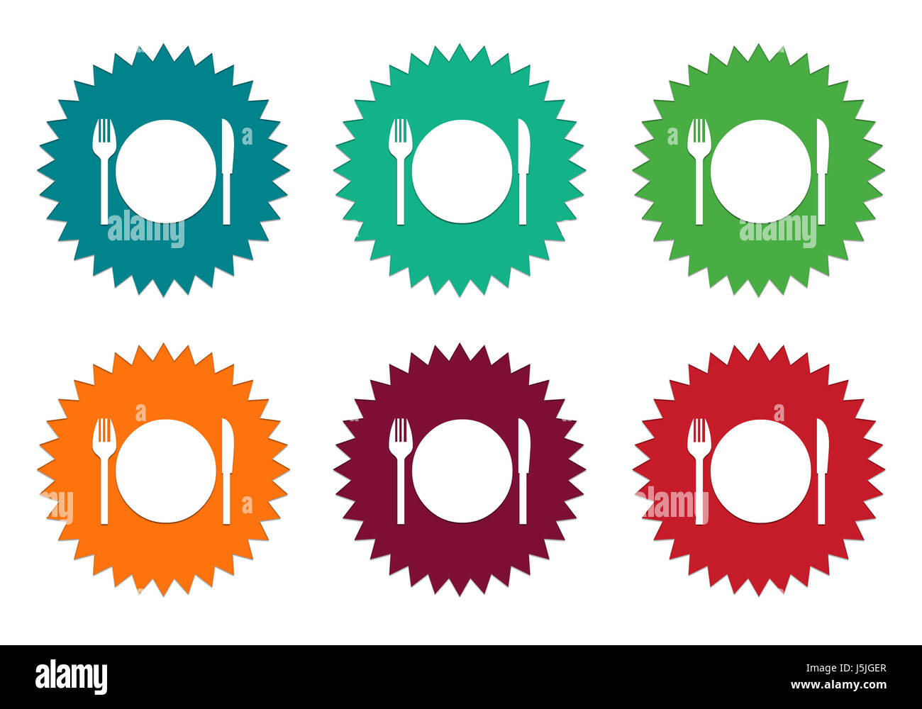 Set of colorful stickers icons with restaurant symbol in blue, green ...