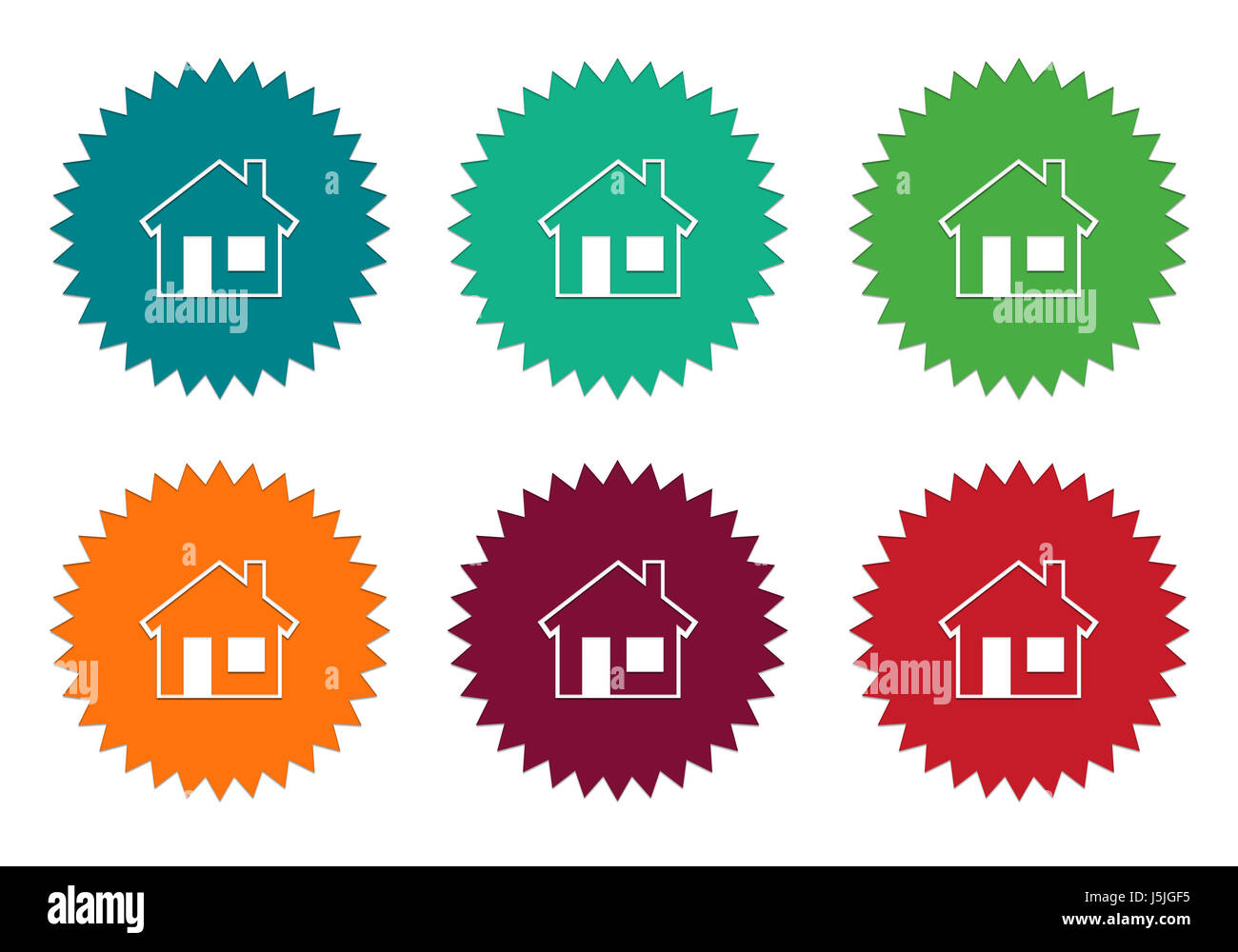 Set of colorful stickers icons with house symbol in blue, green, orange ...