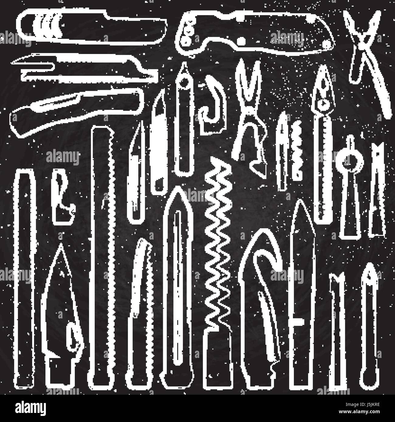 Hand draw set of multifunction knife elements, pocket knife chalk ...