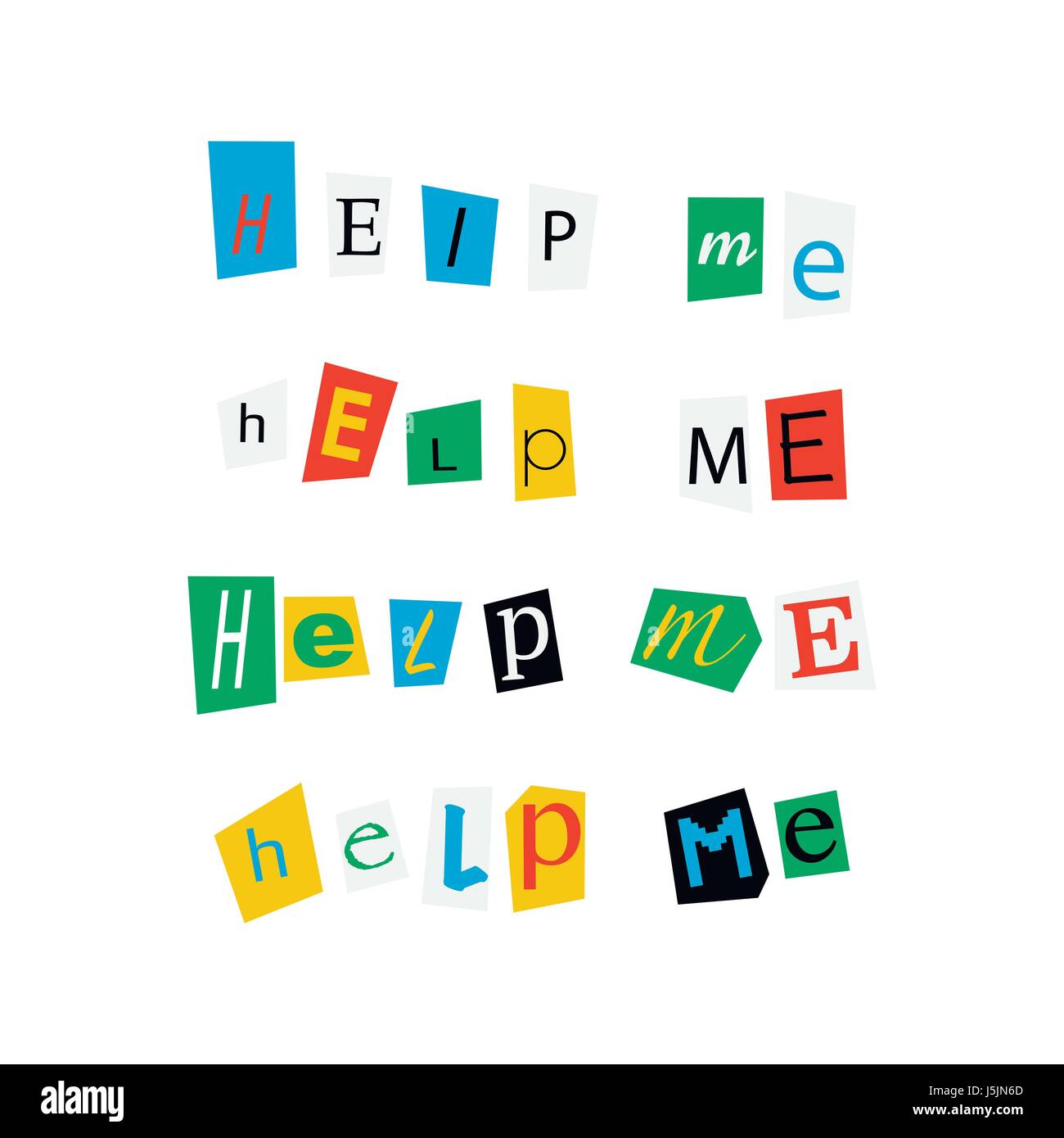 Help me phrases made up from colorful newspaper letters on white Stock ...