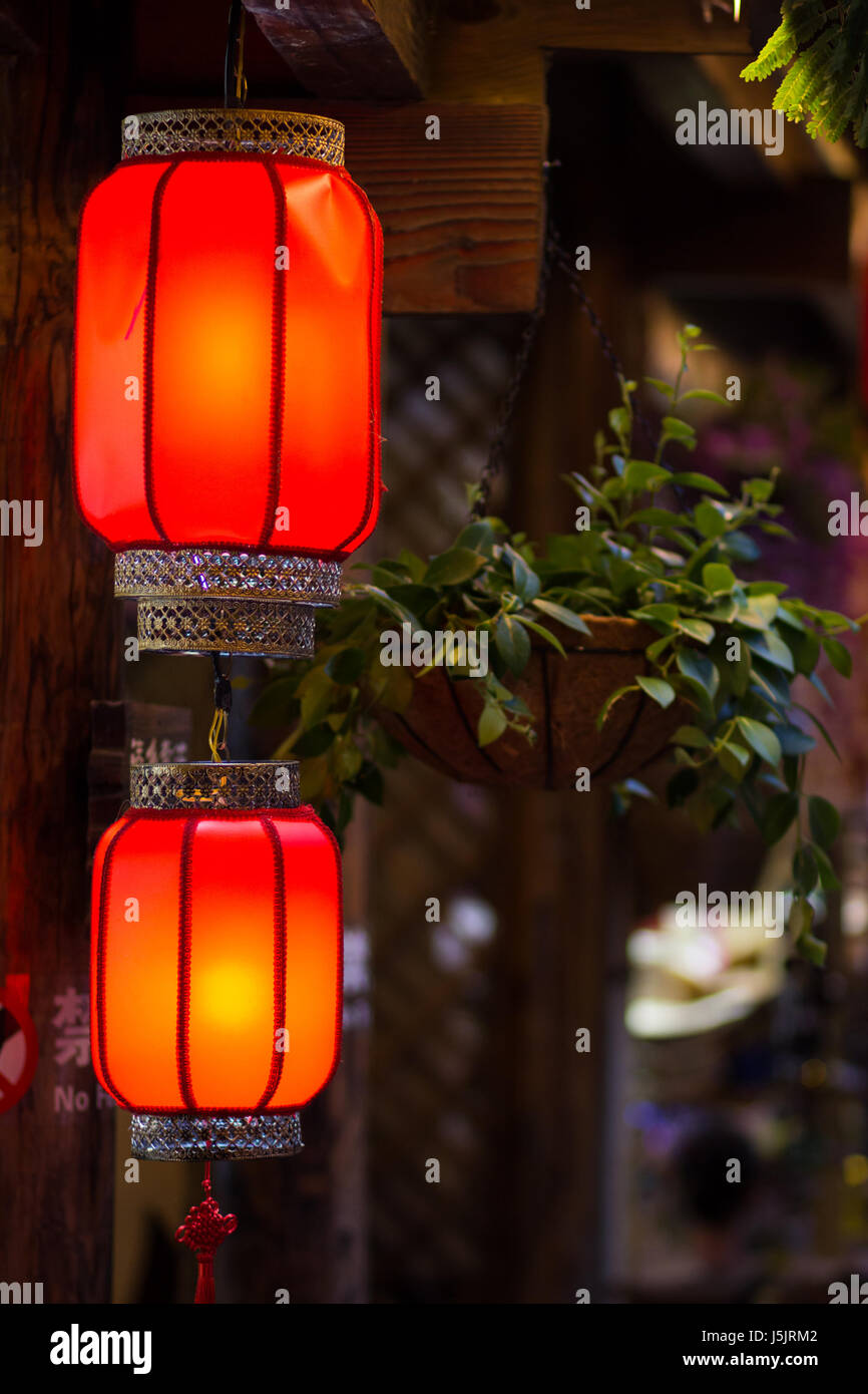 Barrel-shaped Chinese double red lantern in the early evening Stock ...