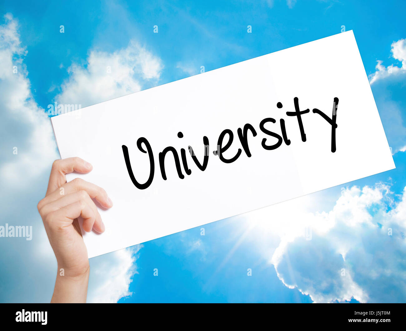 University Sign on white paper. Man Hand Holding Paper with text ...