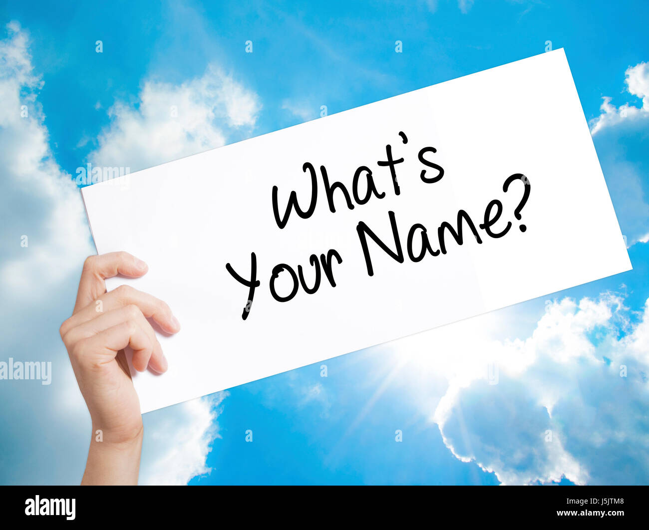 What's your Name? Sign on white paper. Man Hand Holding Paper with text ...