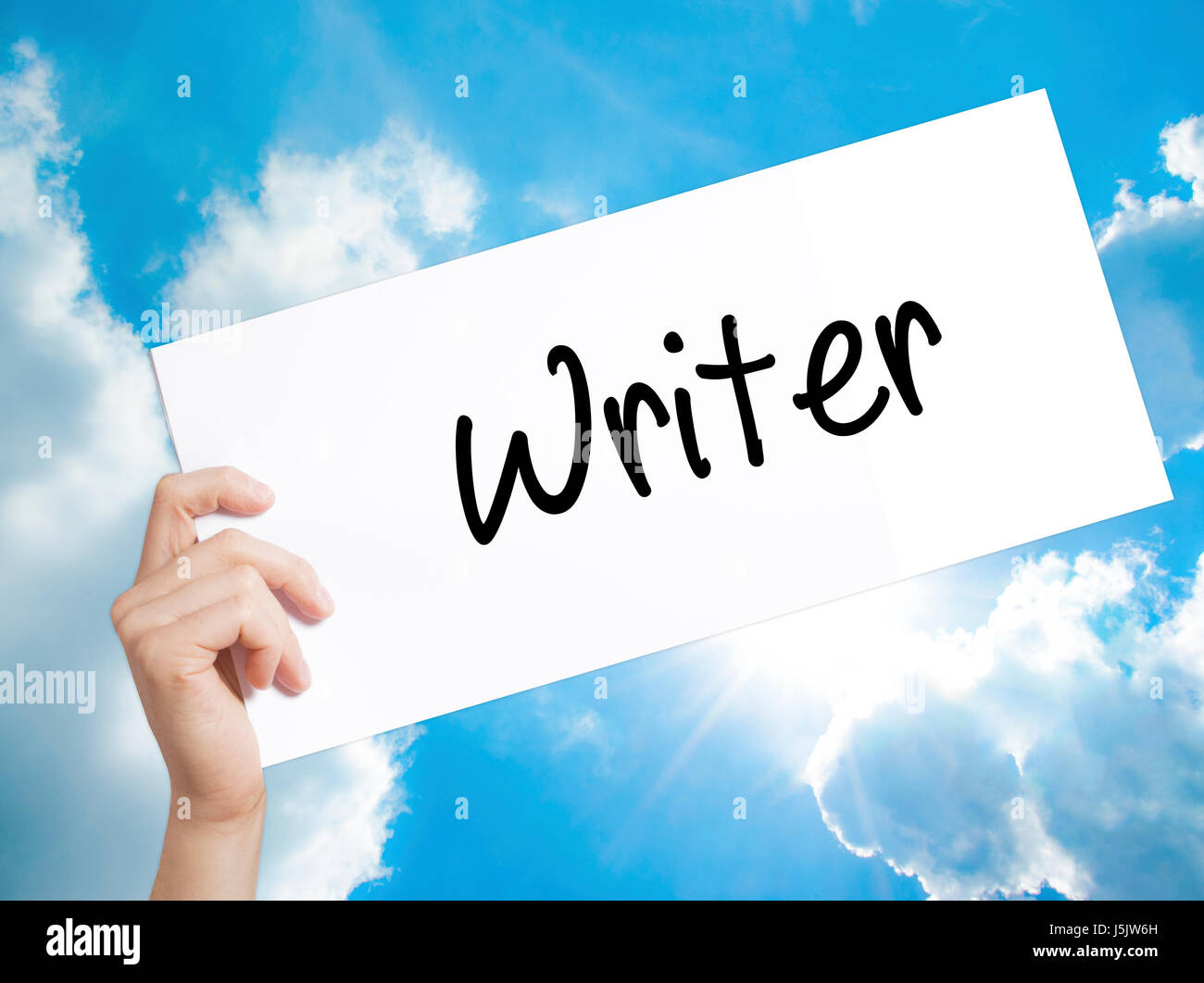 Writer Sign on white paper. Man Hand Holding Paper with text. Isolated ...