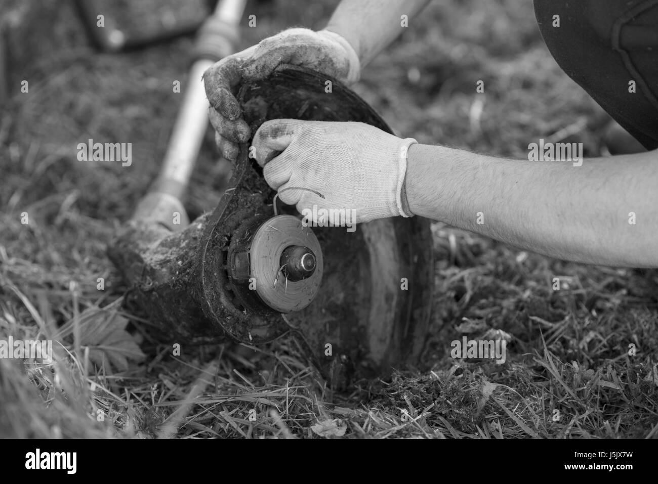 String trimmer cleaning after cutting the grass Stock Photo - Alamy
