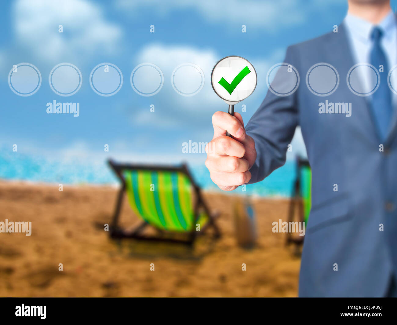 Businessman magnifying glass check mark on virtual screen. Magnifying ...