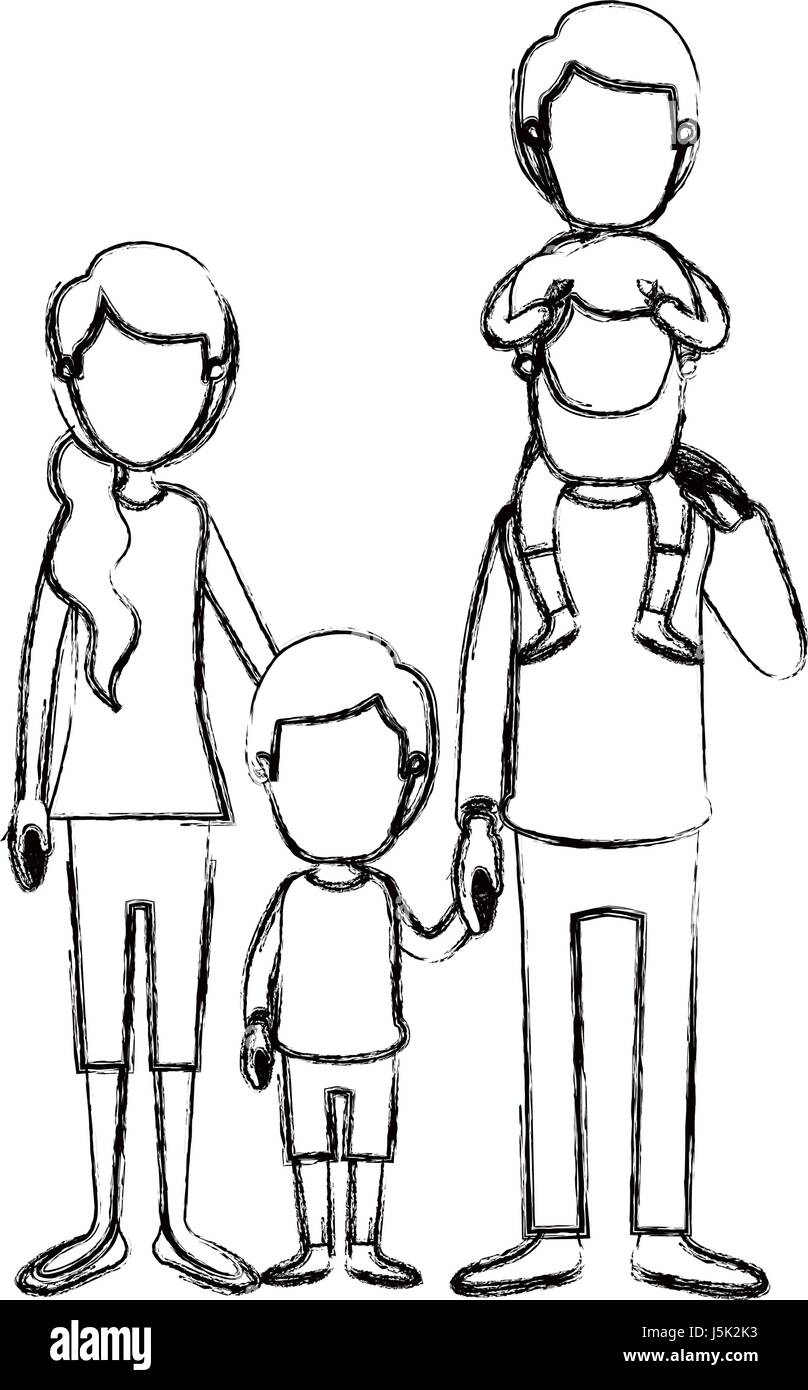 blurred silhouette caricature faceless family parents with boy on his ...