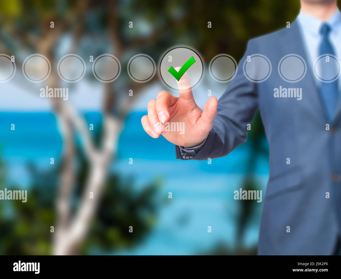 Businessman check mark on virtual screen. Finger on a checklist box and ...