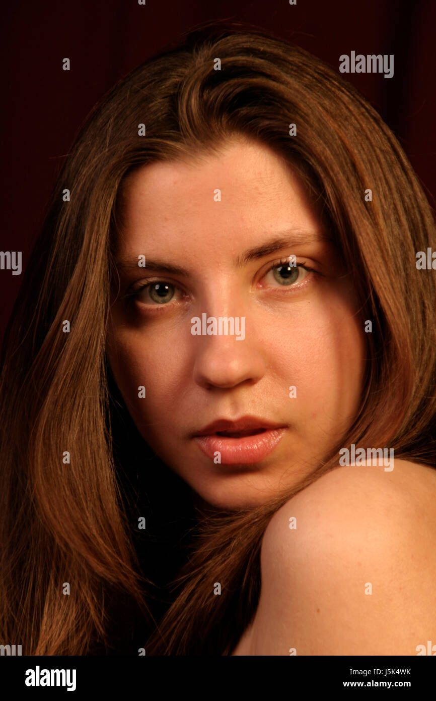 brown brownish brunette face portrait eyes longing look glancing see ...