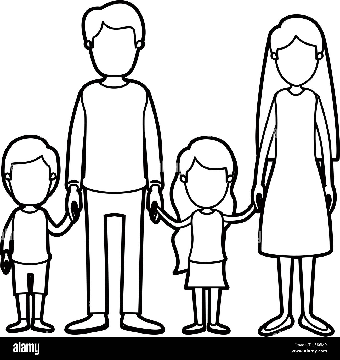 black thick contour caricature faceless family with parents and little ...