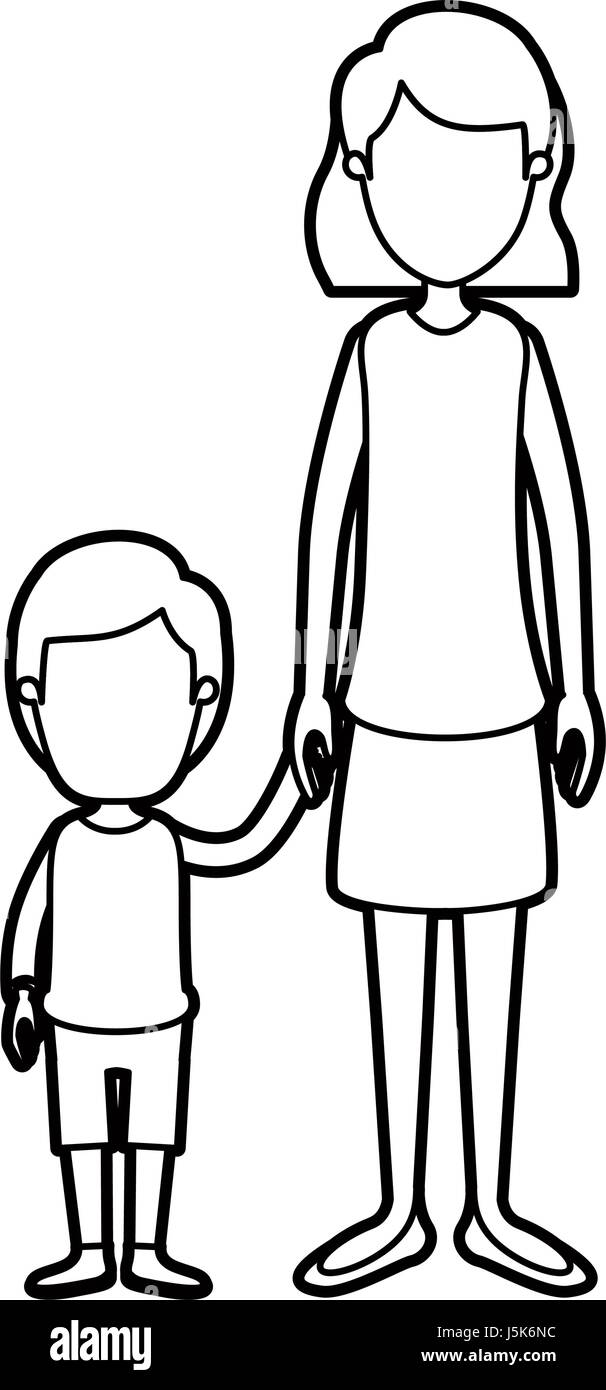 black thick contour caricature faceless full body mother taken hand ...