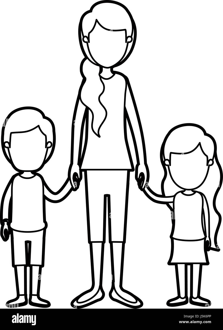 black thick contour caricature faceless full body mother taken hand ...
