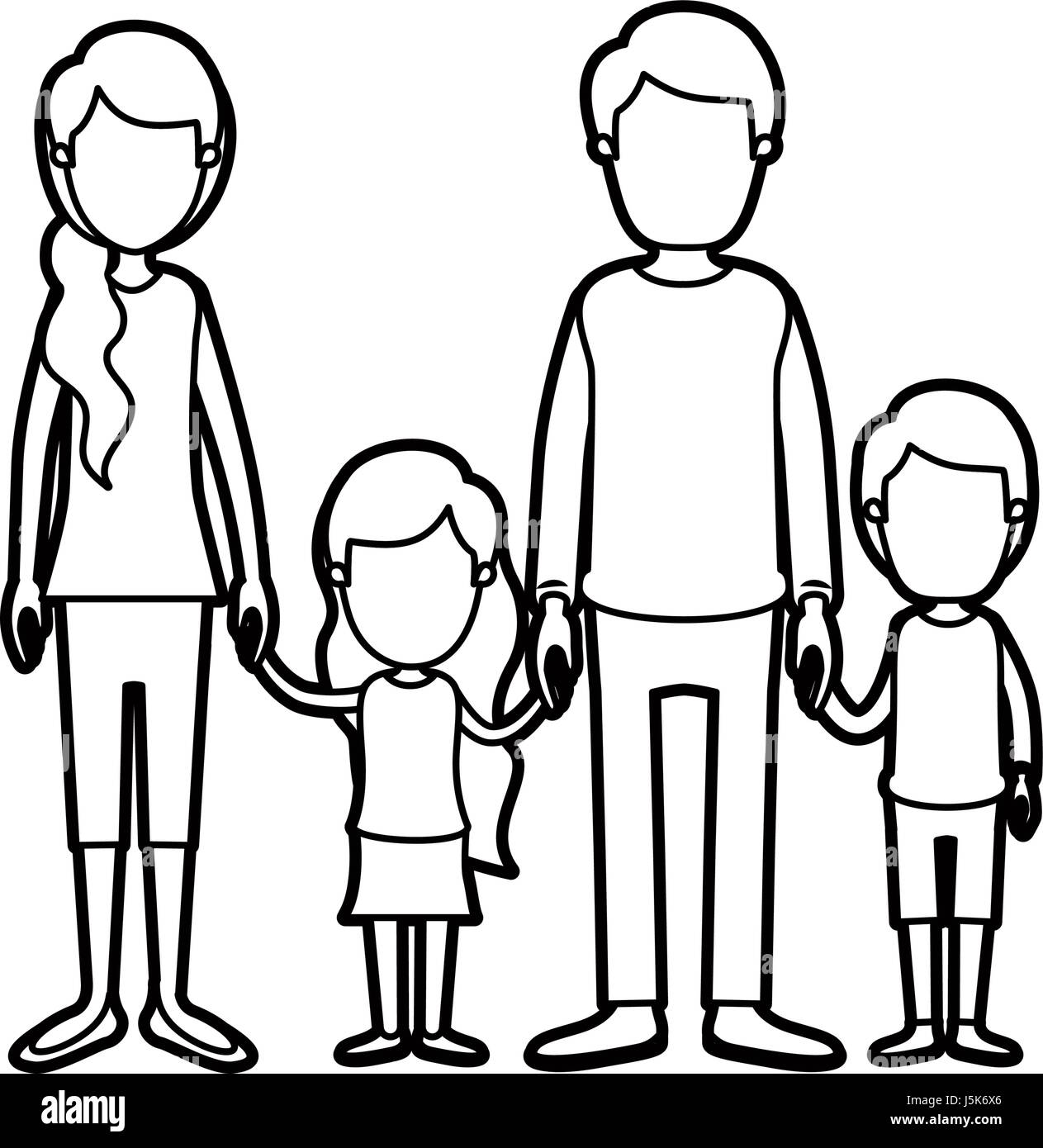 black thick contour caricature faceless family with young parents and ...