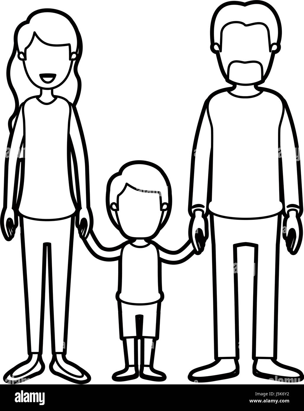 black thick contour caricature faceless family with parents and little ...