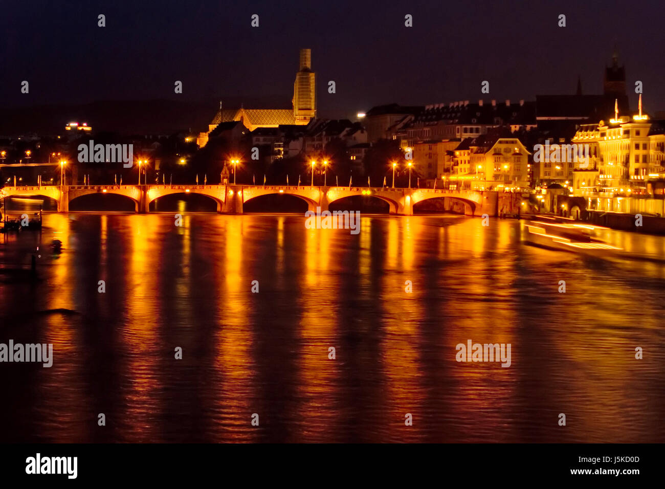 rhine night photograph switzerland cathedral reflexes water basel ...