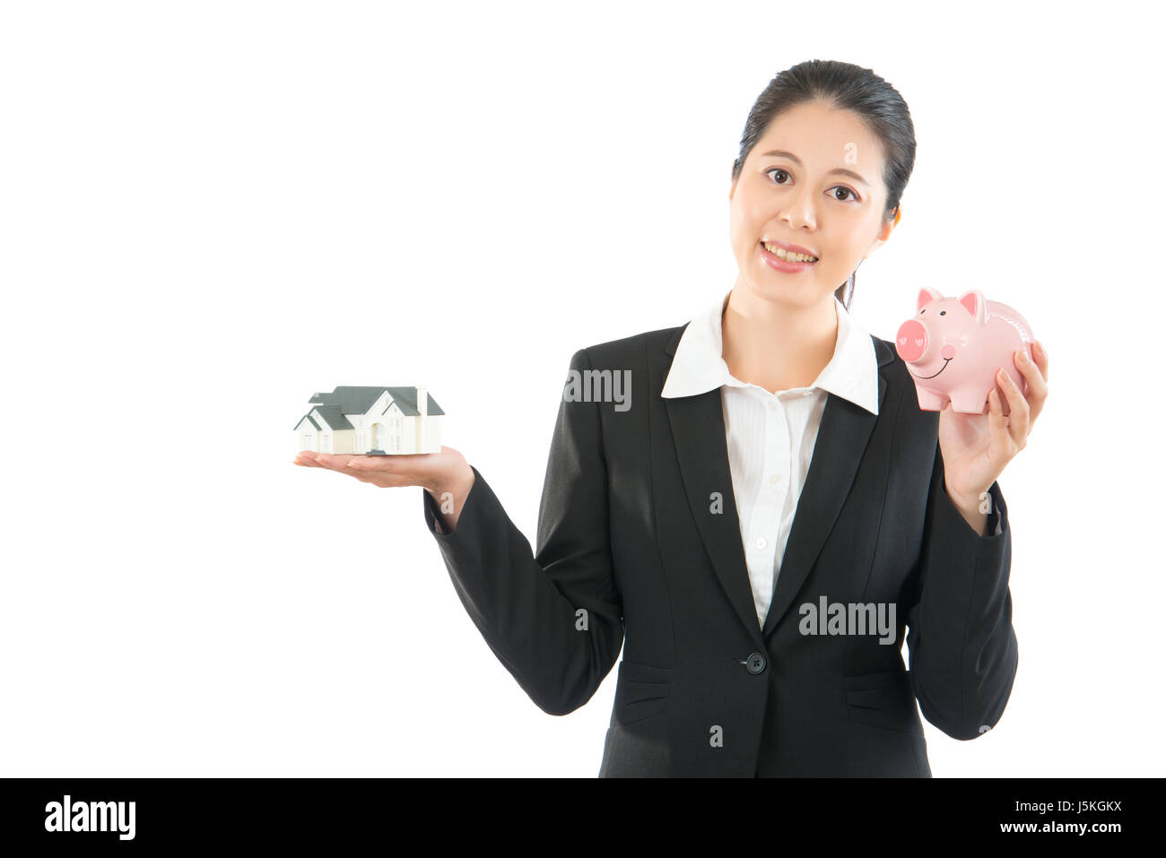 smiling office lady know how to save money. young girl target to buy ...