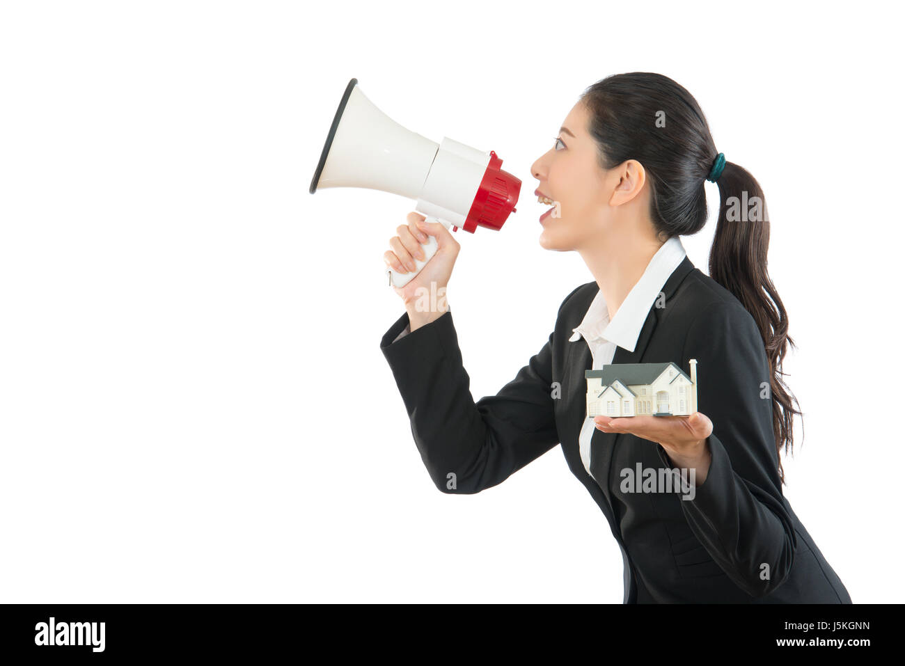 house company agent holding big megaphone talking latest information ...