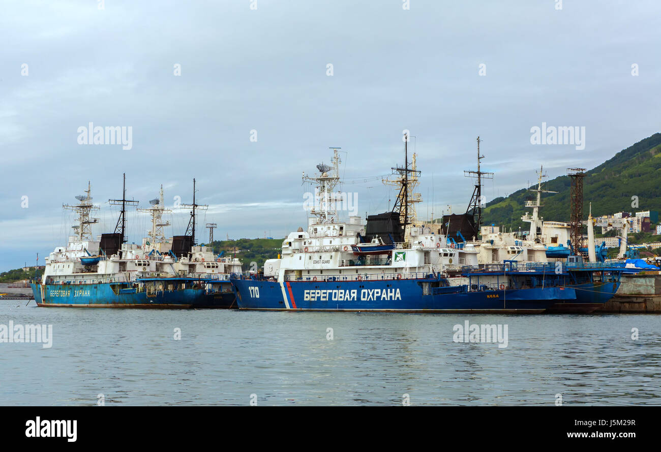 Border patrol ships of the Coast Guard in the coast of Kamchatka Stock ...