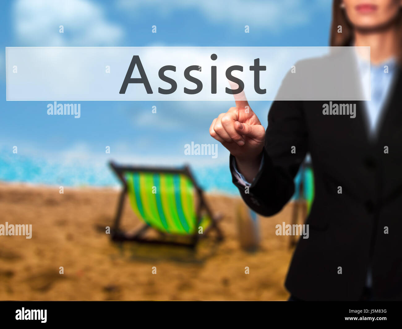 Assist - Businesswoman hand pressing button on touch screen interface ...
