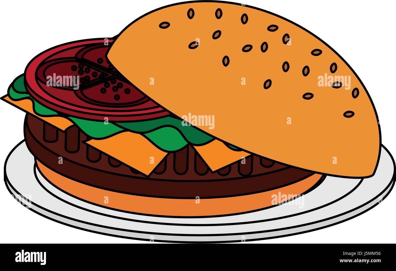 color image cartoon hamburger in dish fast food Stock Vector Image ...
