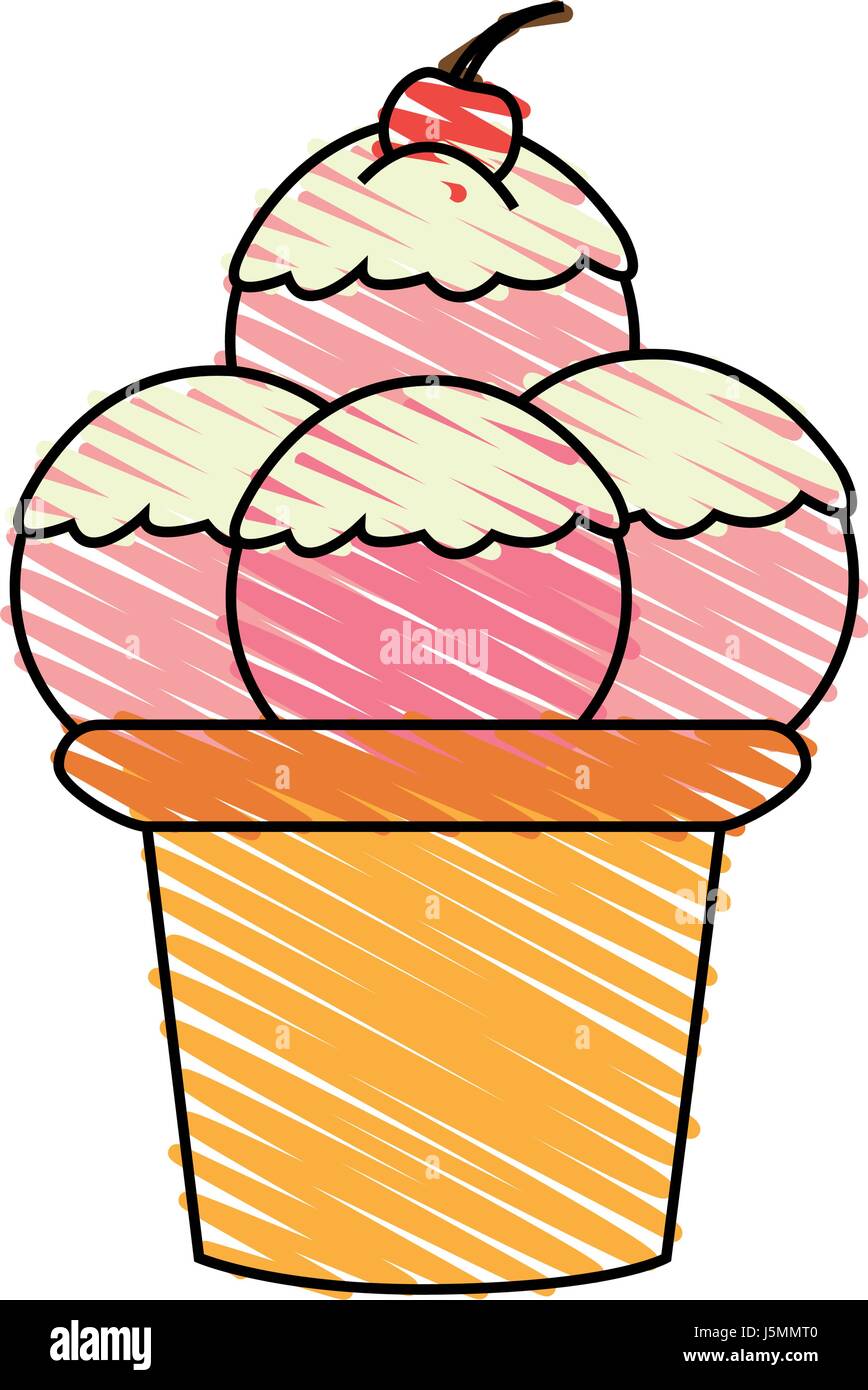 color crayon stripe cartoon ice cream with three balls and cherry Stock ...