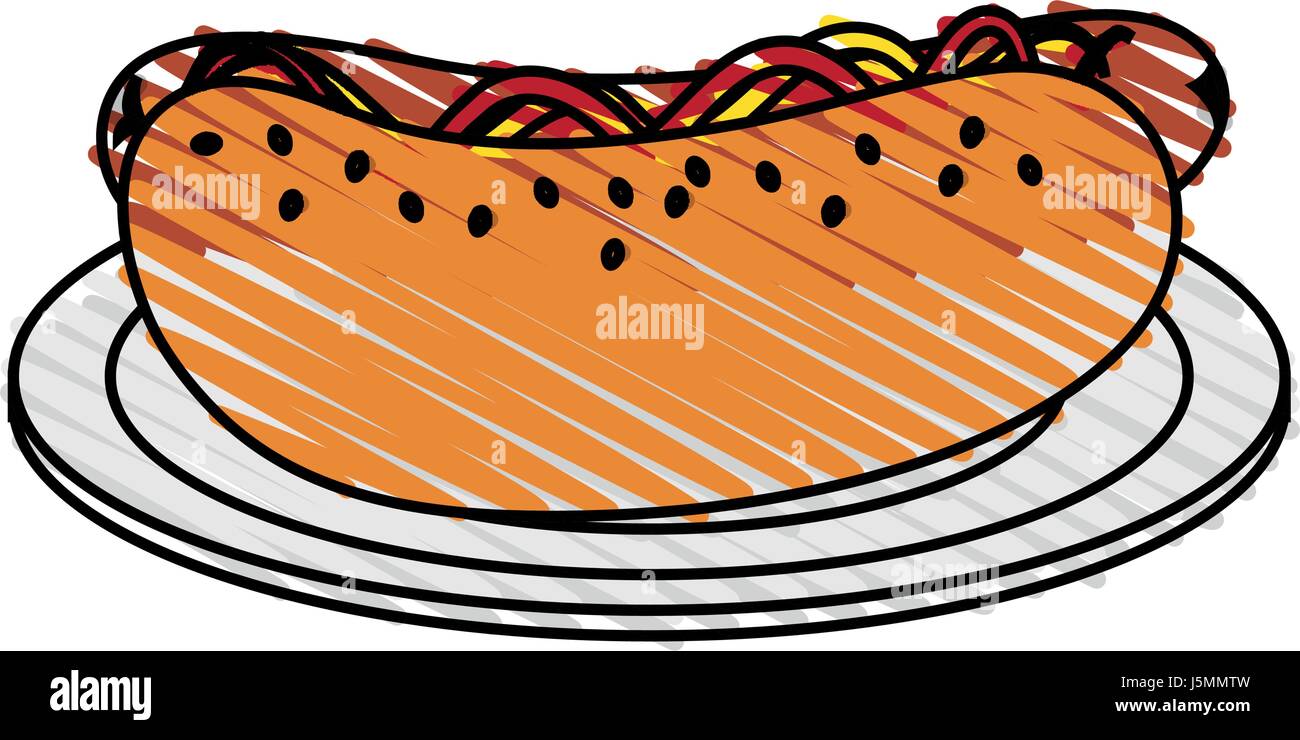 color crayon stripe cartoon hot dog on plate fast food Stock Vector ...