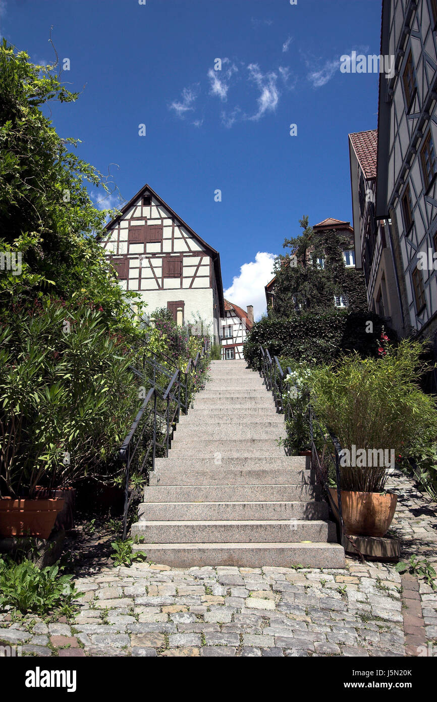 blue stairs green snug old town frame-work steep hedge rise climb ...