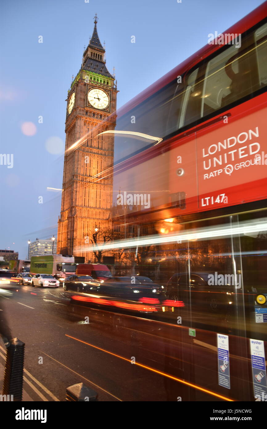 Big Ben, London Double Deck Red Bus Crossing Westminster Bus in Motion ...