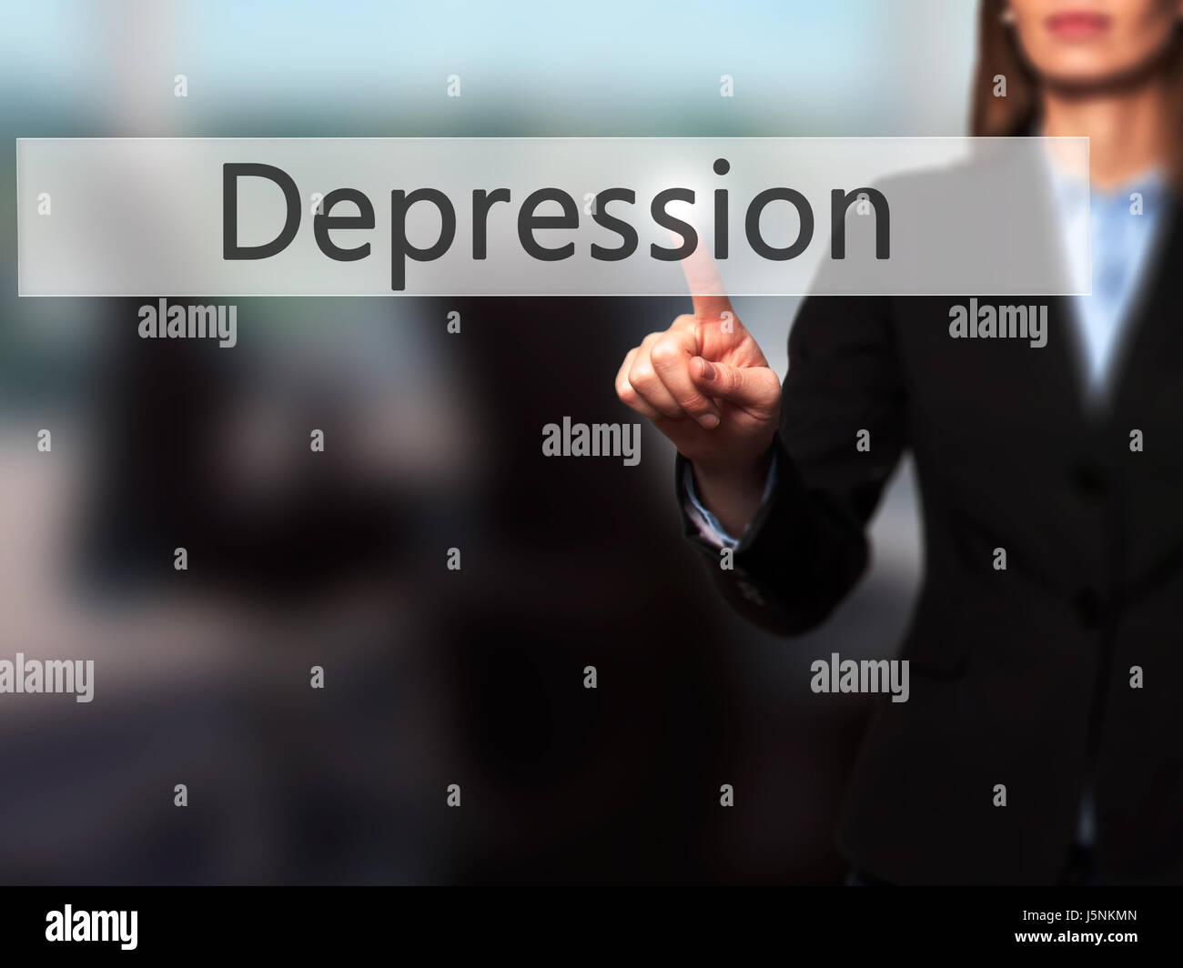 Depression - Business woman point finger on push touch screen and ...