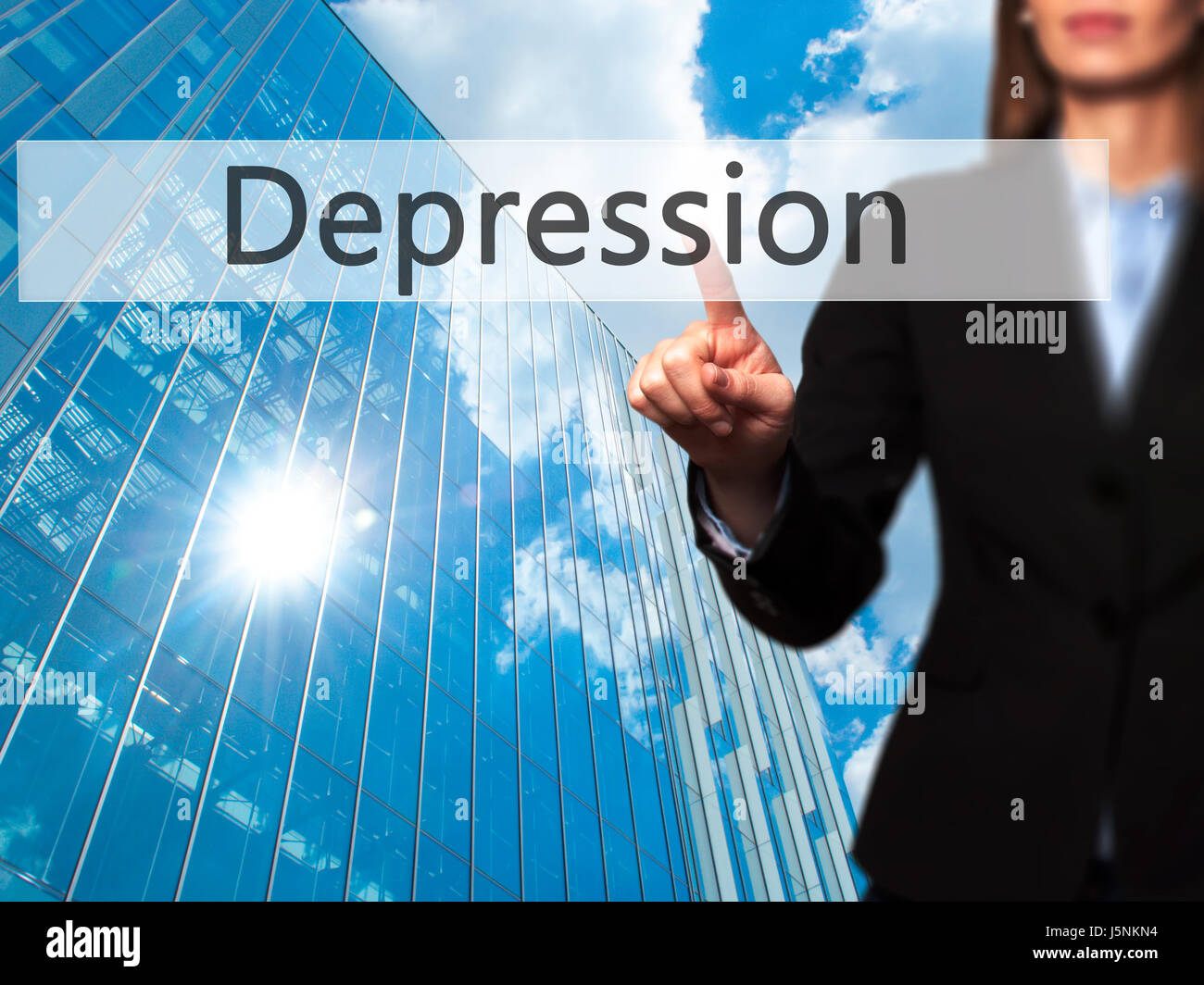 Depression - Business woman point finger on push touch screen and ...