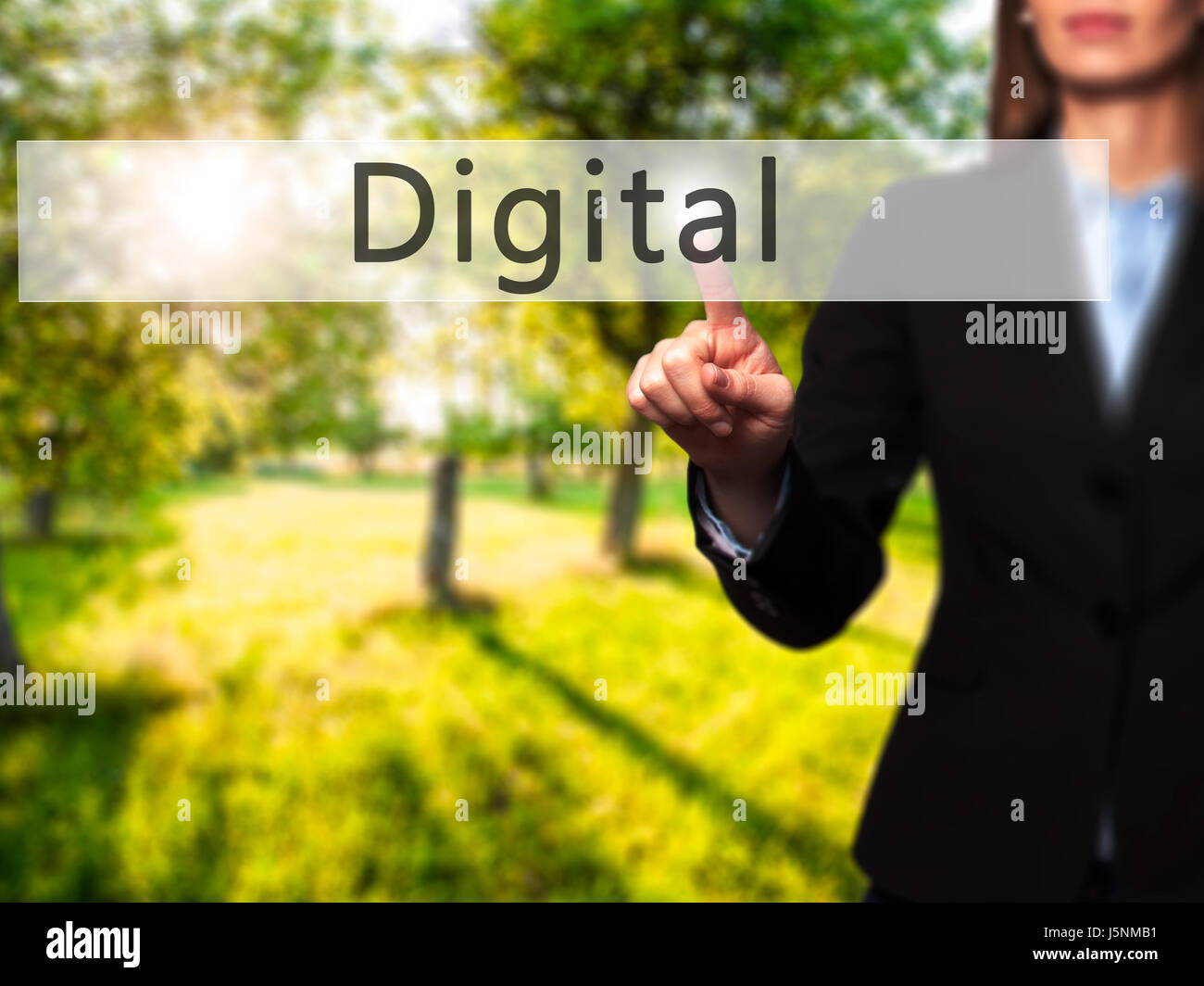 Digital - Business woman point finger on push touch screen and pressing ...